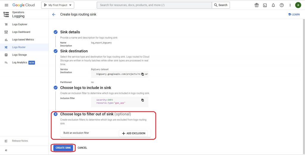 How to Export logs to Big Query (GCP)