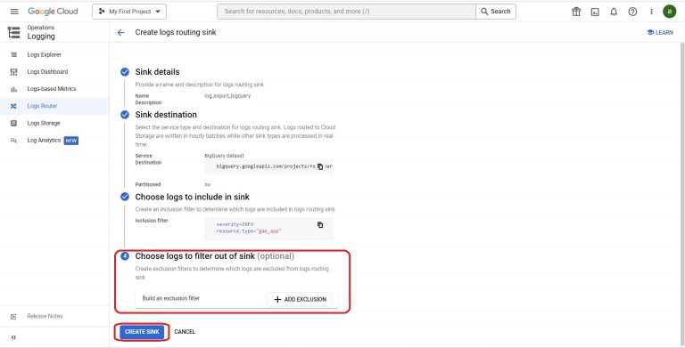 How to Export logs to Big Query (GCP)